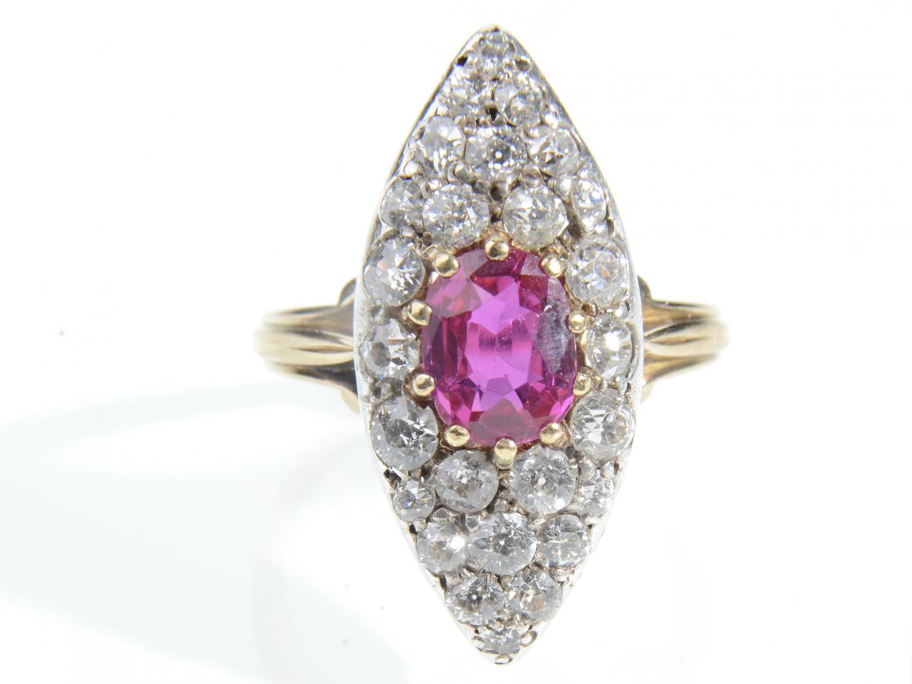 1890s Burmese ruby and diamond marquise cluster ring in 18kt yellow gold