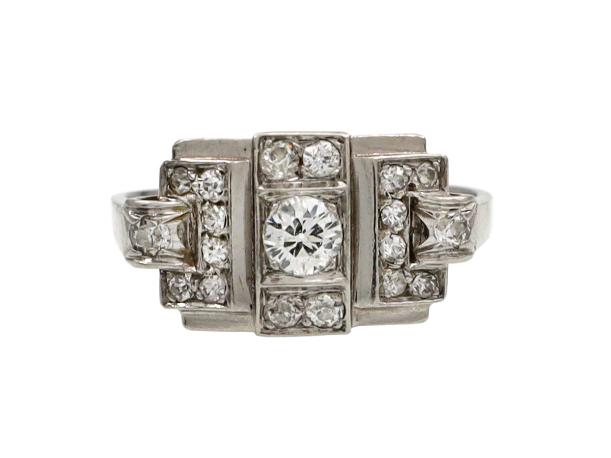 French Art Deco diamond panel ring in platinum