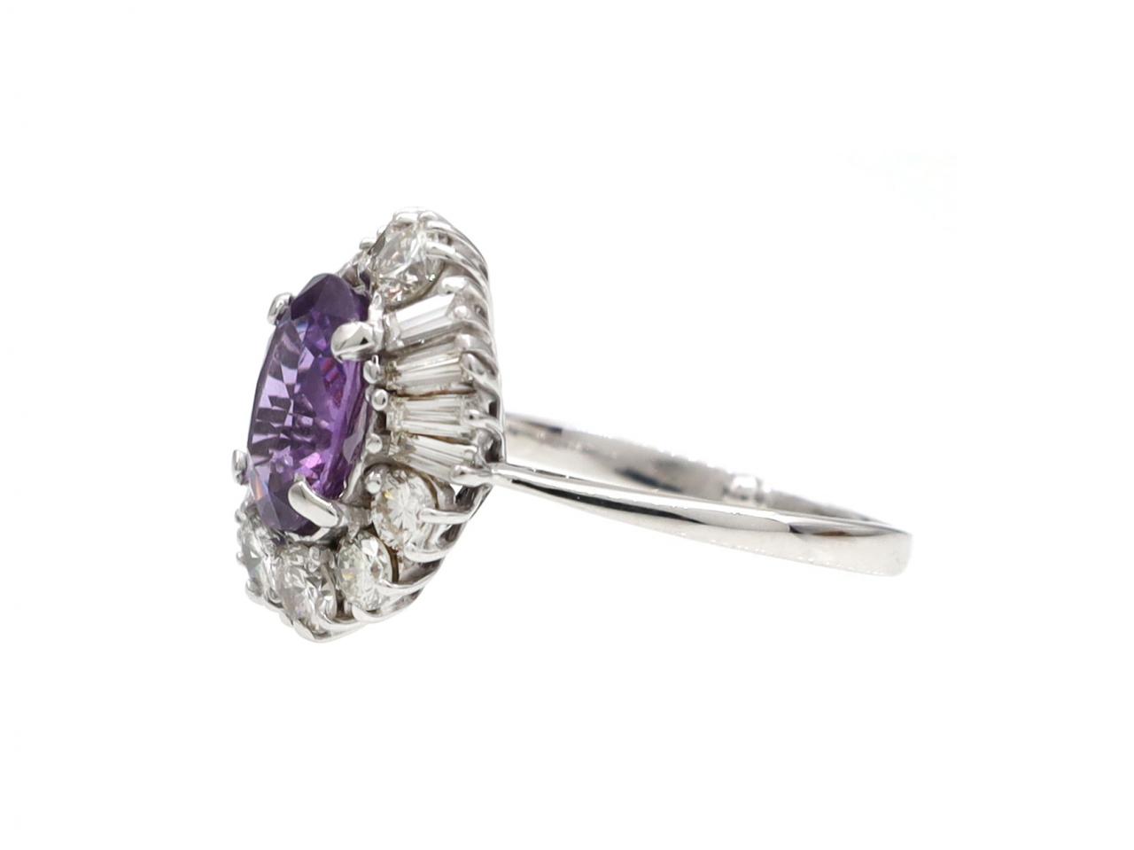 Fancy purplish pink sapphire and diamond asymmetric cluster ring