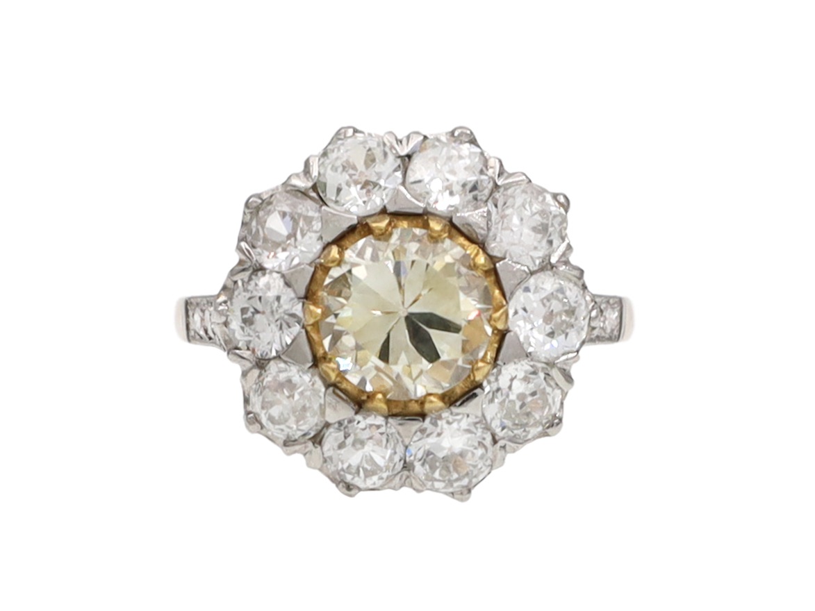 Edwardian yellow diamond and diamond coronet cluster ring