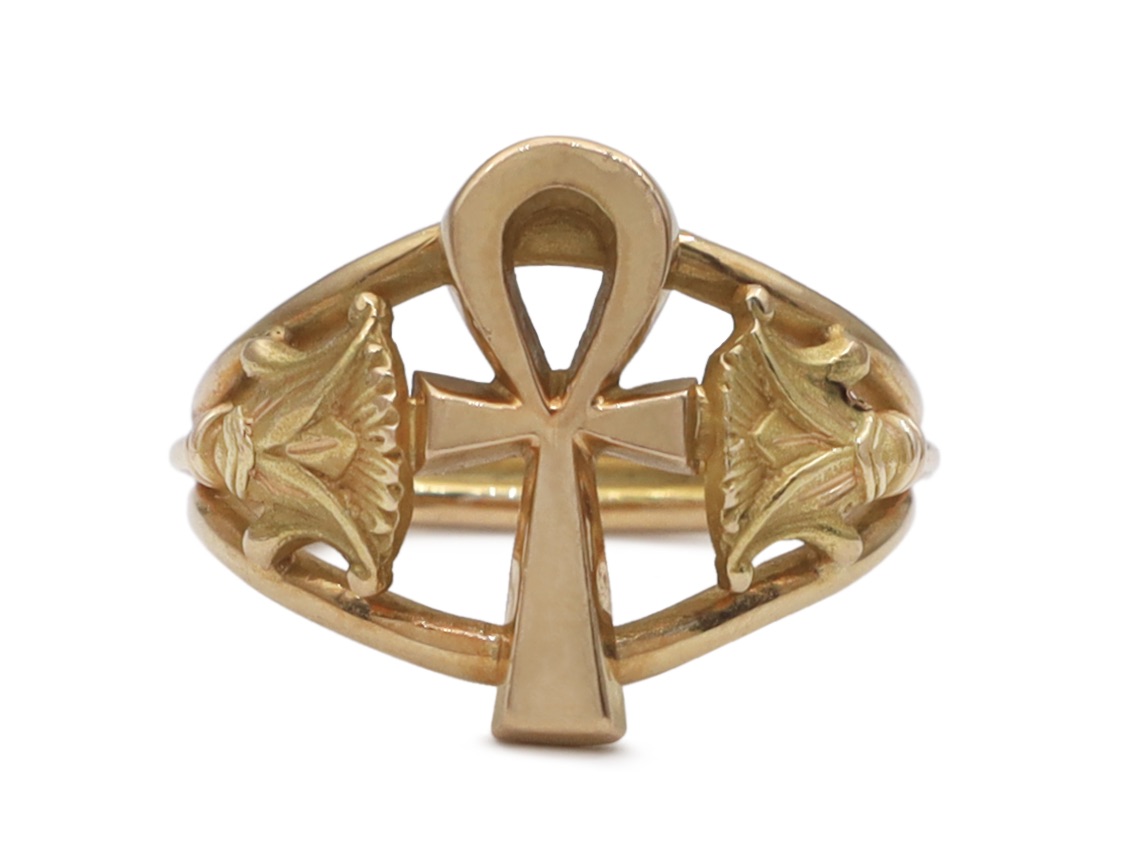 Vintage Egyptian Ankh symbol and lotus flower ring in gold