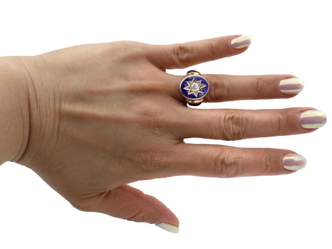 Victorian Oval Shield Signet Ring with Blue Enamel in Gold